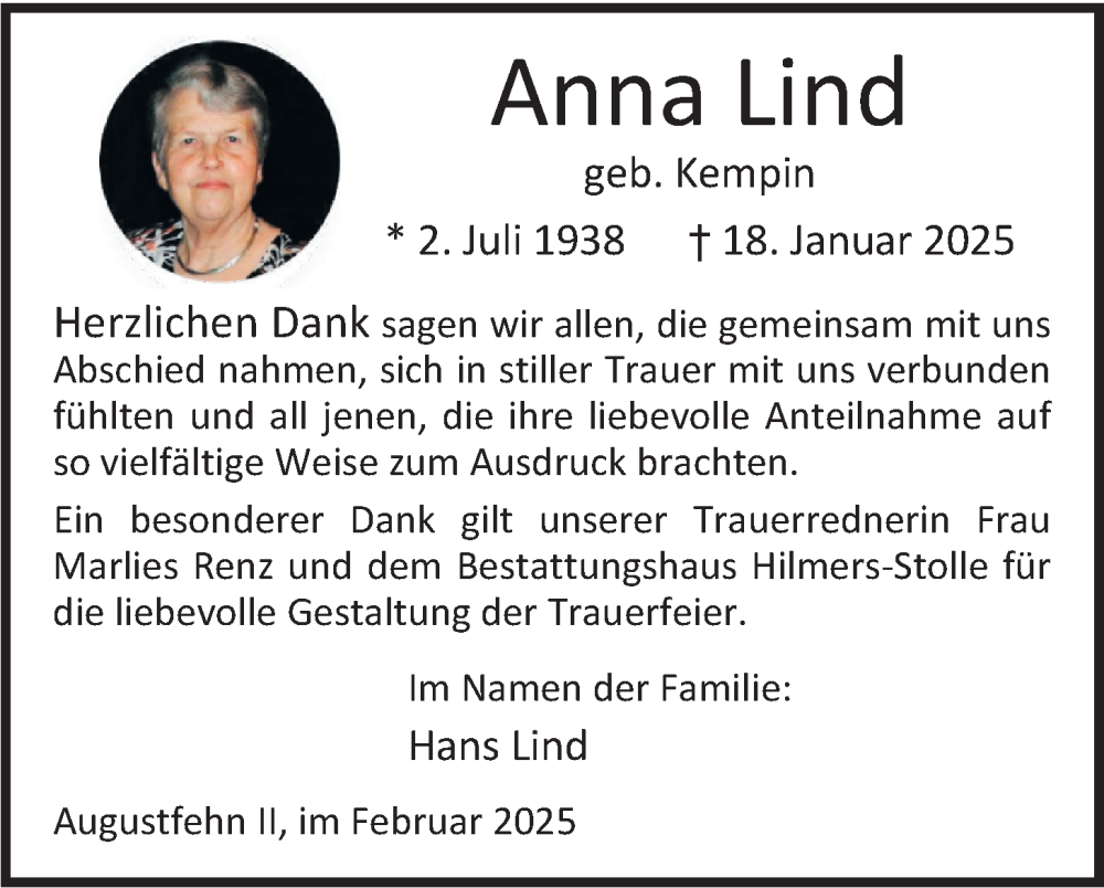 Traueranzeigen von Anna Lind | nordwest-trauer.de