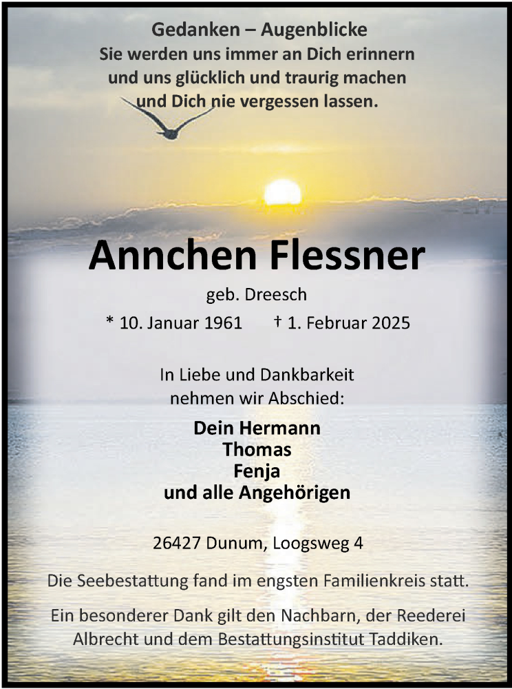 Traueranzeigen von Annchen Flessner | nordwest-trauer.de