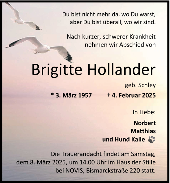 Traueranzeigen von Brigitte Hollander | nordwest-trauer.de