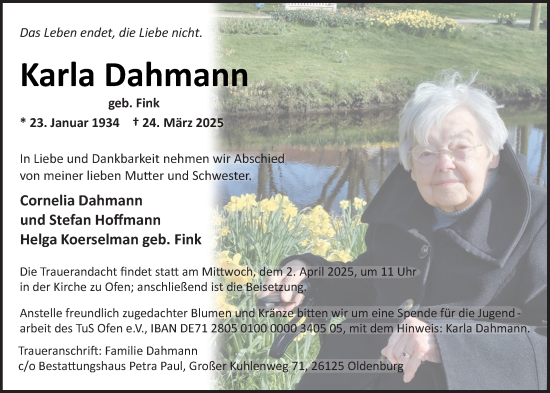 Traueranzeigen von Karla Dahmann | nordwest-trauer.de
