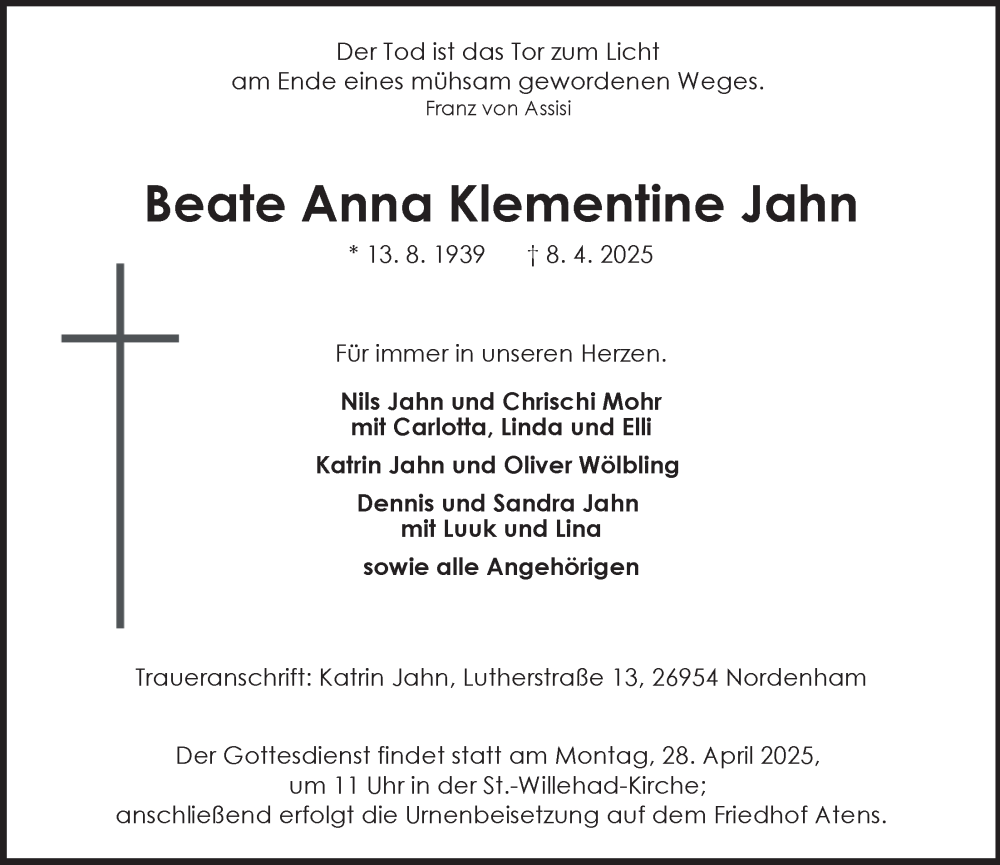 Traueranzeigen von Beate Anna Klementine Jahn | nordwest-trauer.de