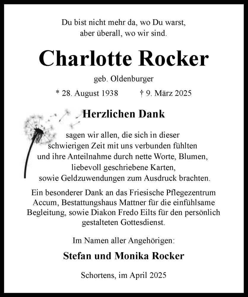 Traueranzeigen von Charlotte Rocker | nordwest-trauer.de