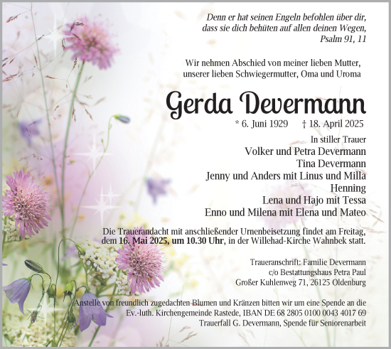 Traueranzeigen von Gerda Devermann | nordwest-trauer.de