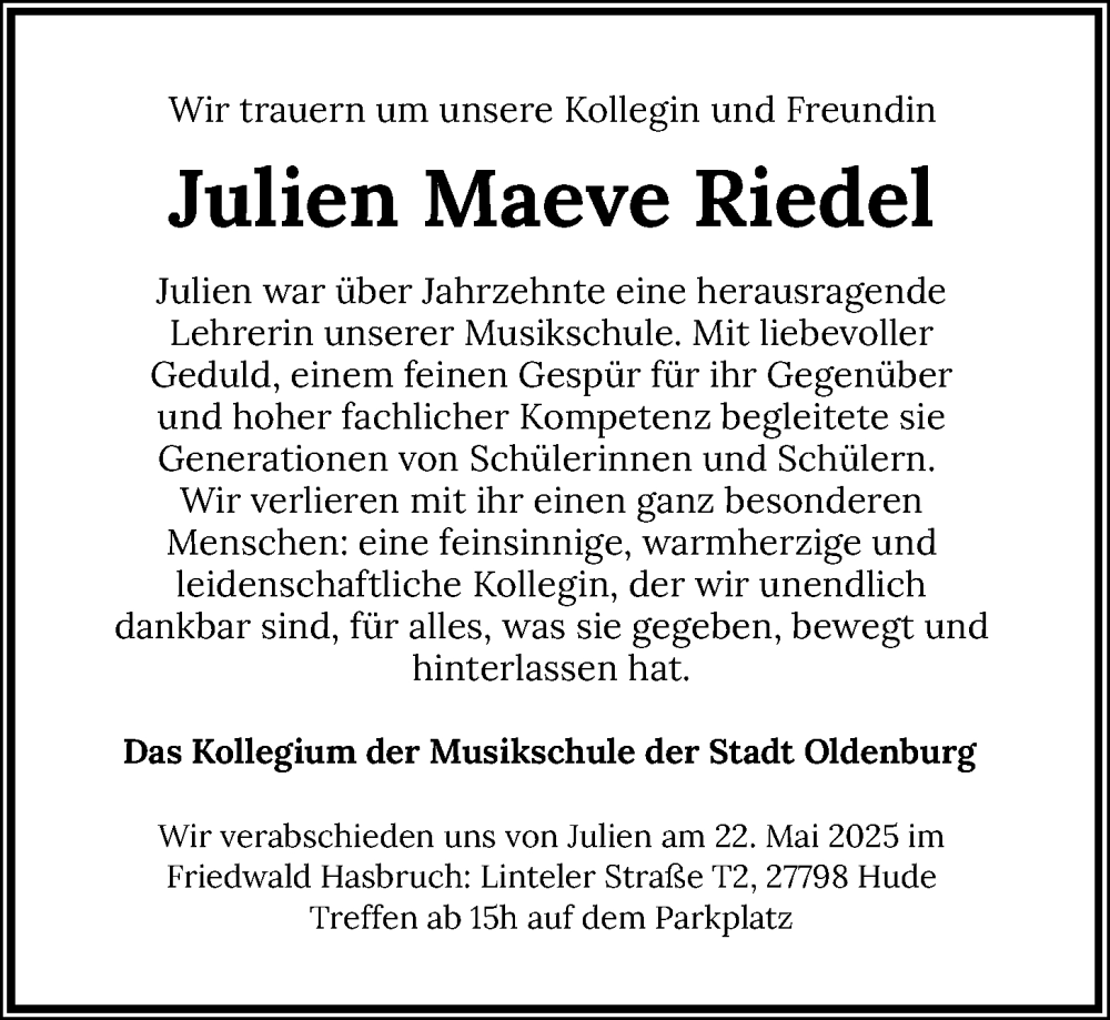 Traueranzeigen von Julien Maeve Riedel | nordwest-trauer.de