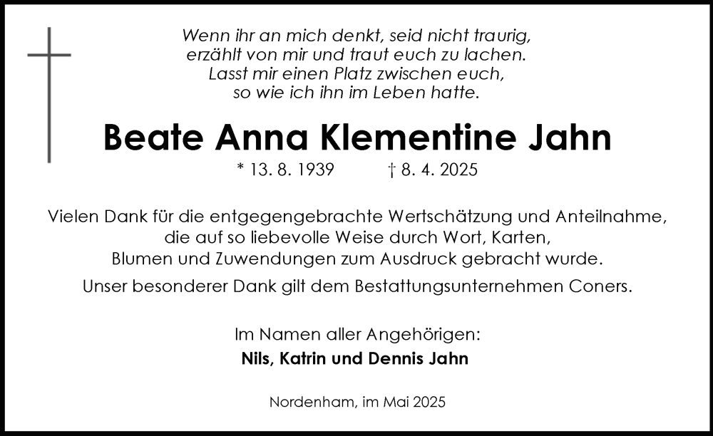 Traueranzeigen von Beate Anna Klementine Jahn | nordwest-trauer.de