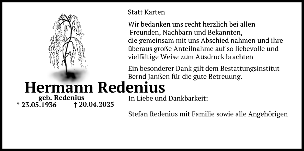 Traueranzeigen von Hermann Redenius | nordwest-trauer.de