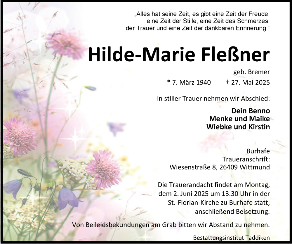 Traueranzeigen von Hilde-Marie Fleßner | nordwest-trauer.de