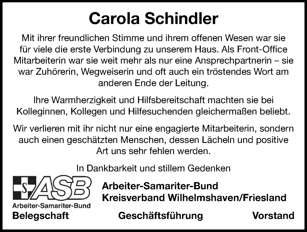 Traueranzeigen von Carola Schindler | nordwest-trauer.de