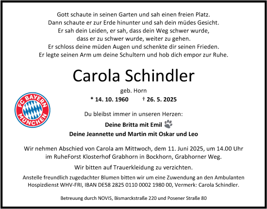 Traueranzeigen von Carola Schindler | nordwest-trauer.de