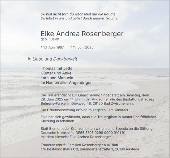 Traueranzeigen von Eike Andrea Rosenberger | nordwest-trauer.de