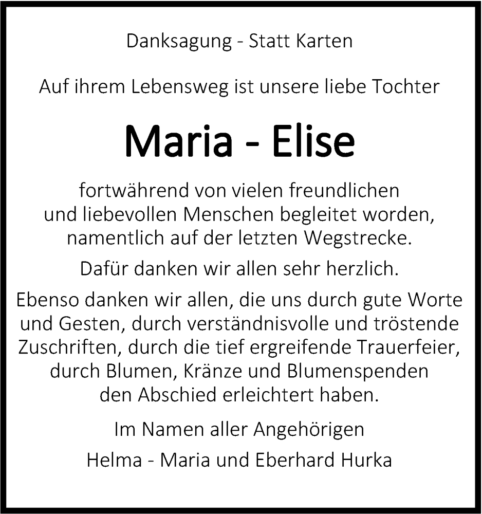 Traueranzeigen von Maria-Elise | nordwest-trauer.de
