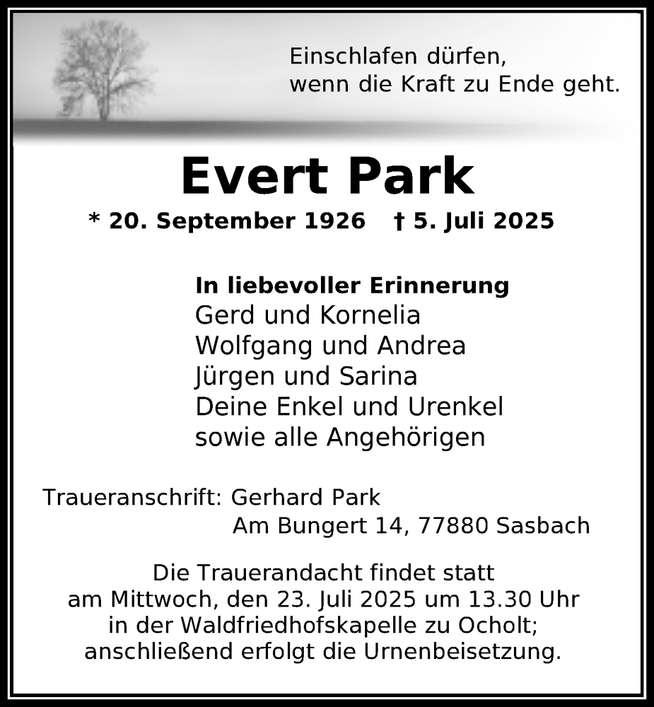Traueranzeigen von Evert Park | nordwest-trauer.de