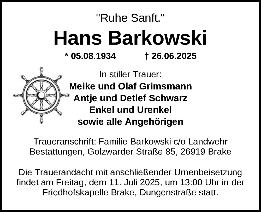 Traueranzeigen von Hans Barkowski | nordwest-trauer.de