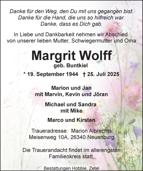 Traueranzeigen von Margrit Wolff | nordwest-trauer.de