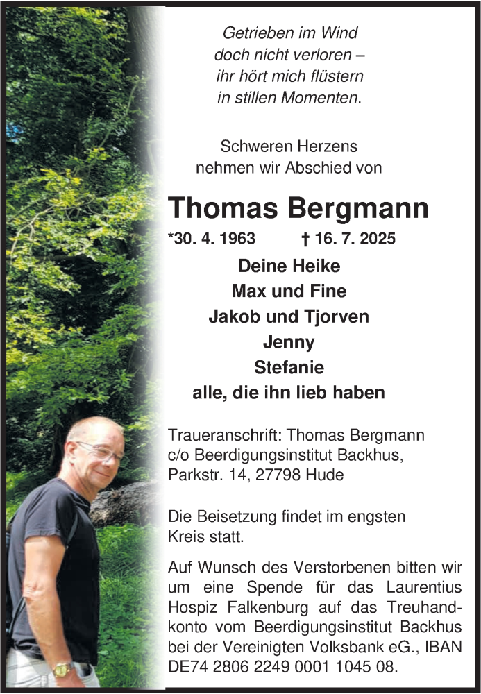 Traueranzeigen von Thomas Bergmann | nordwest-trauer.de