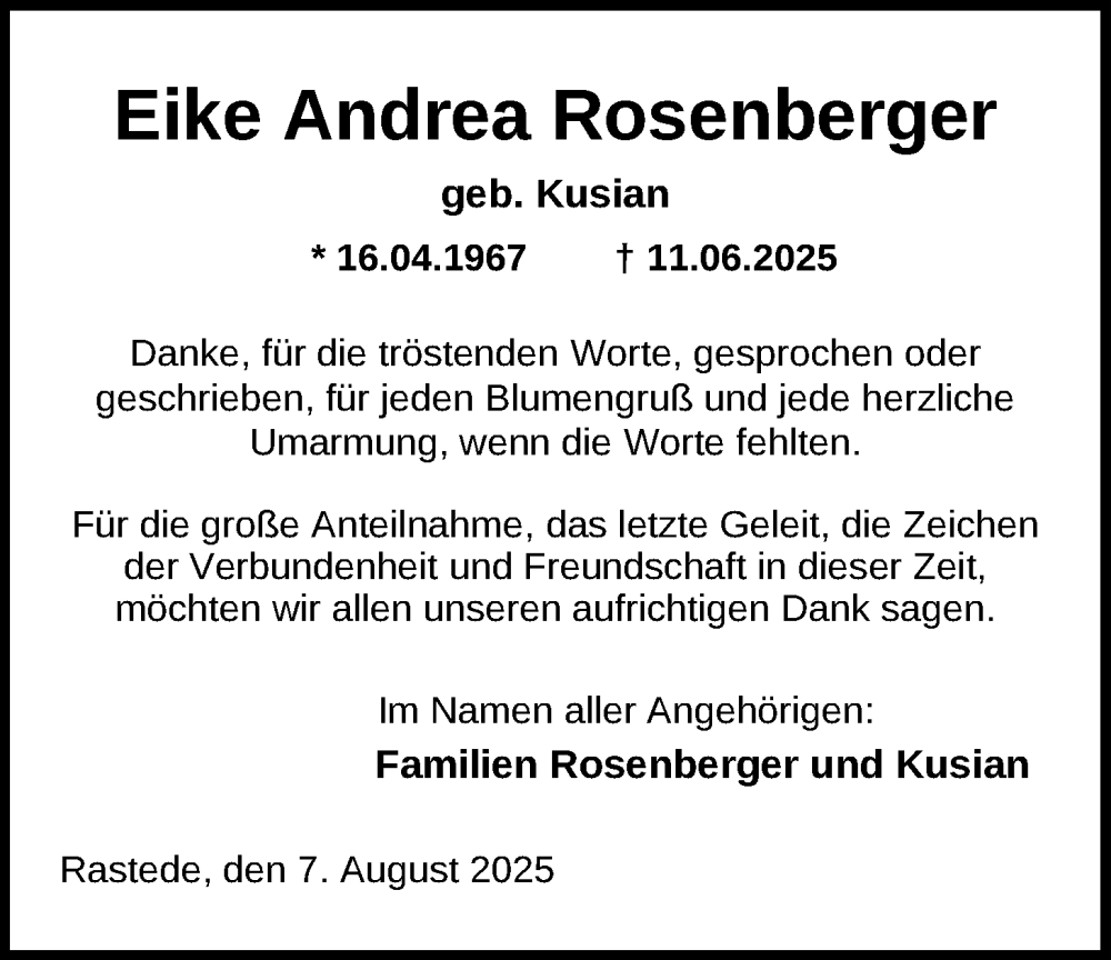 Traueranzeigen von Eike Andrea Rosenberger | nordwest-trauer.de