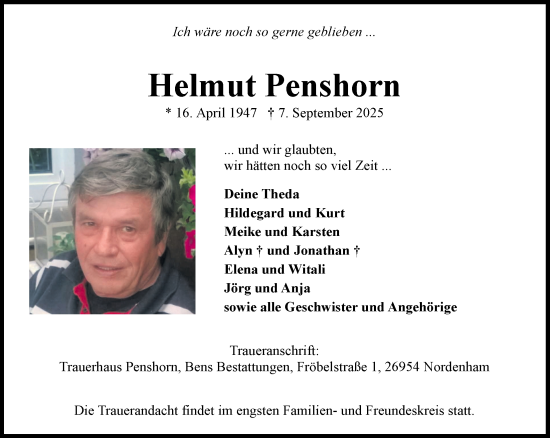 Traueranzeigen von Helmut Penshorn | nordwest-trauer.de