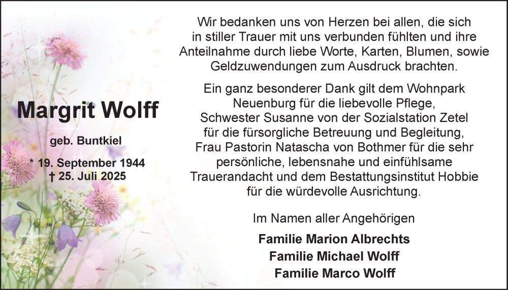 Traueranzeigen von Margrit Wolff | nordwest-trauer.de