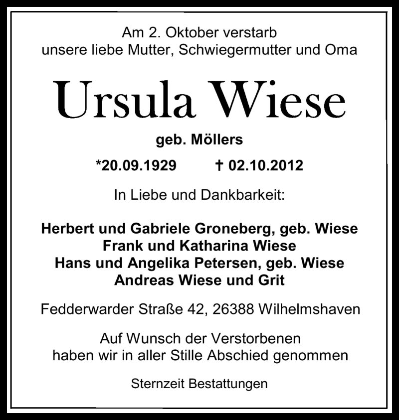 Traueranzeigen von Ursula Wiese | nordwest-trauer.de