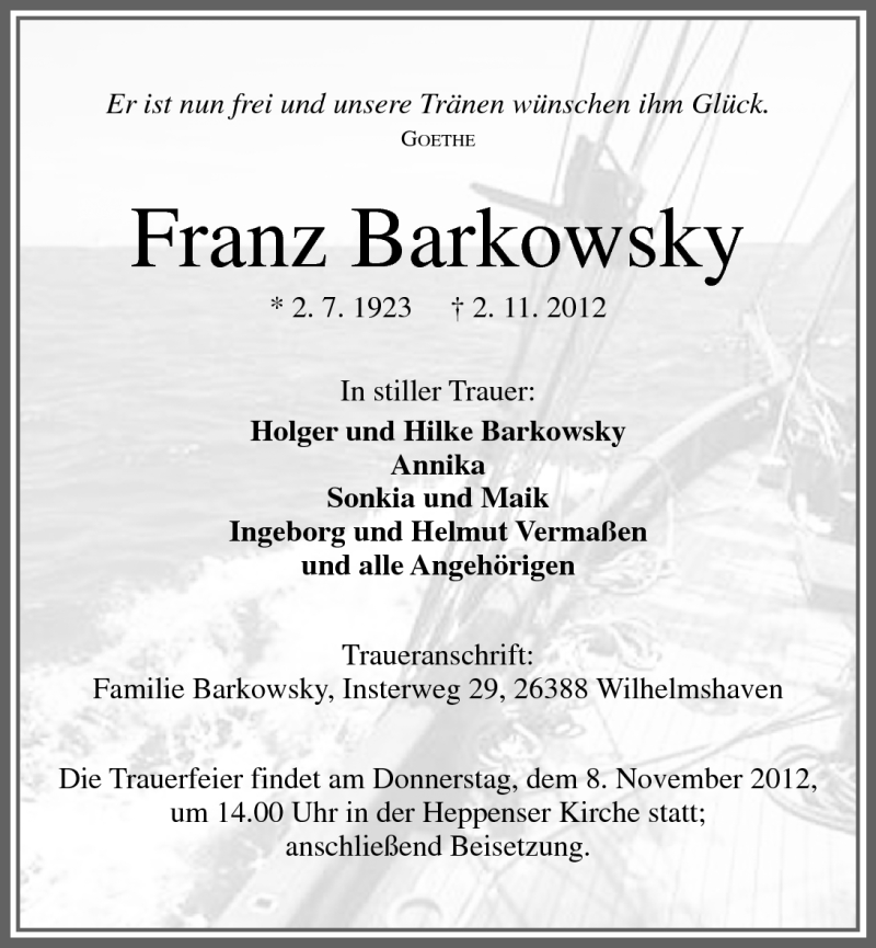 Traueranzeigen von Frank Barkowsky | nordwest-trauer.de
