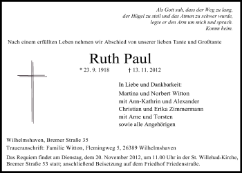 Traueranzeigen von Ruth Paul | nordwest-trauer.de