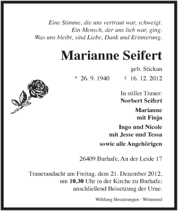 Traueranzeigen von Marianne Seifert | nordwest-trauer.de