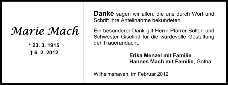 Traueranzeigen von Marie Mach | nordwest-trauer.de