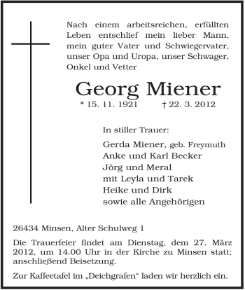 Traueranzeigen von Georg Miener | nordwest-trauer.de