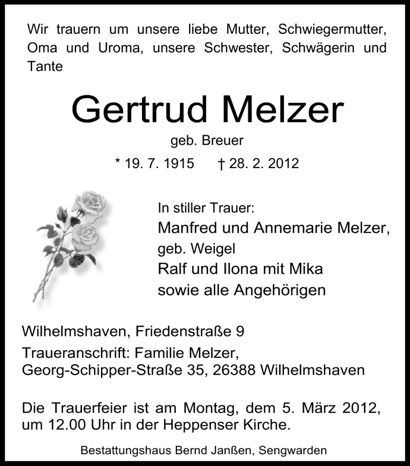 Traueranzeigen von Gertrud Melzer | nordwest-trauer.de