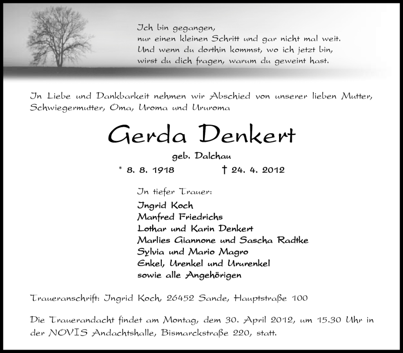 Traueranzeigen von Gerda Denkert | nordwest-trauer.de