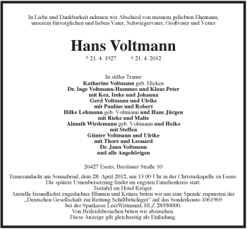 Traueranzeigen von Hans Voltmann | nordwest-trauer.de