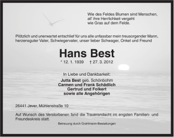 Traueranzeigen von Hans Best | nordwest-trauer.de