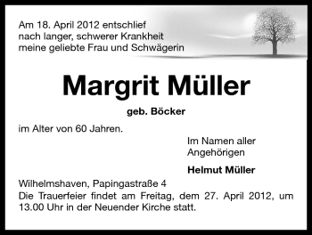 Traueranzeigen von Margrit Müller | nordwest-trauer.de