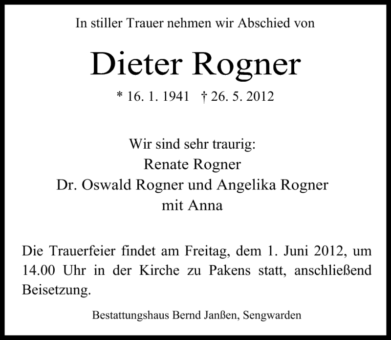 Traueranzeigen von Dieter Rogner | nordwest-trauer.de