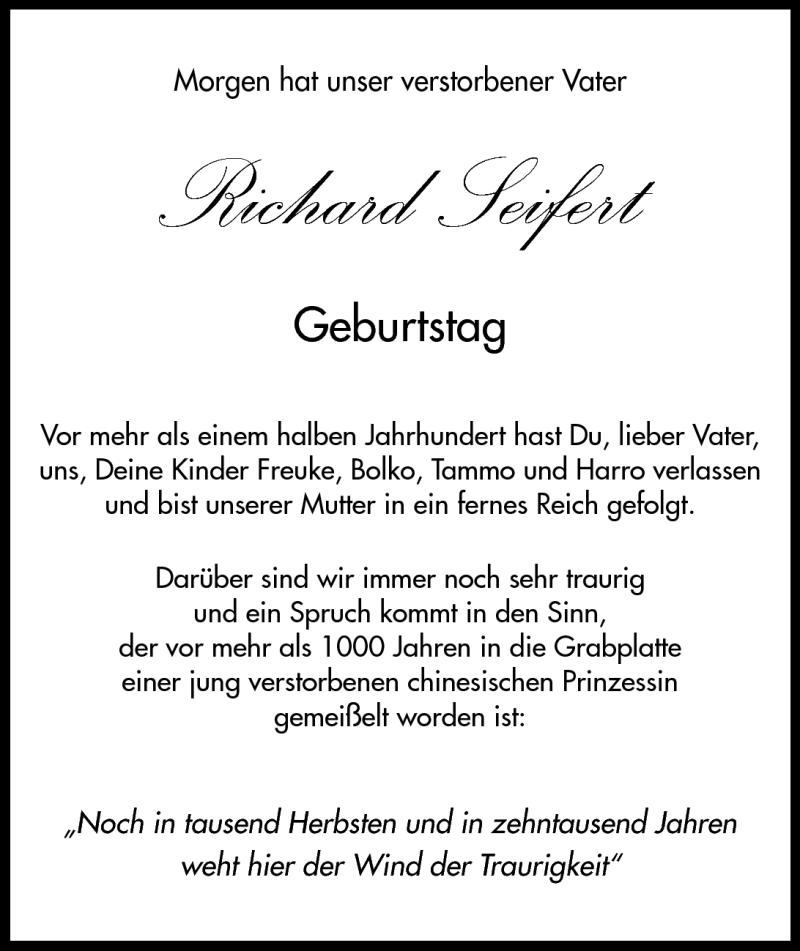 Traueranzeigen von Richard Seifert | nordwest-trauer.de