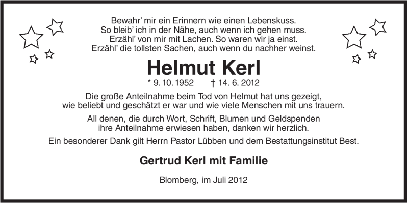Traueranzeigen von Helmut Kerl | nordwest-trauer.de