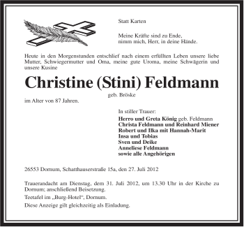 Traueranzeigen von Christine Feldmann | nordwest-trauer.de