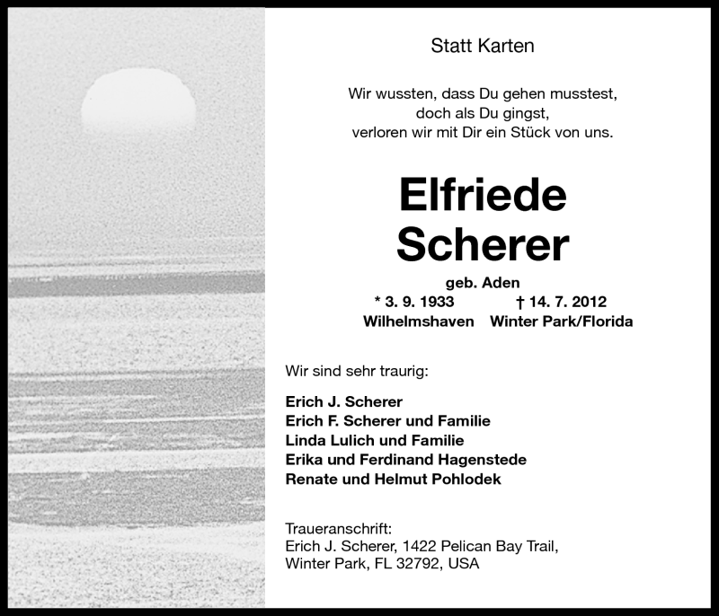 Traueranzeigen von Elfriede Scherer | nordwest-trauer.de