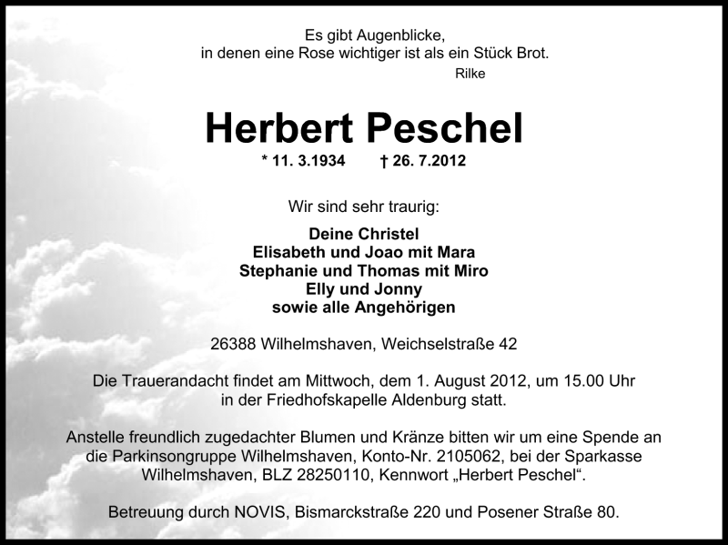 Traueranzeigen von Herbert Peschel | nordwest-trauer.de