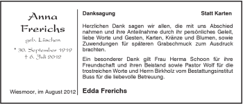 Traueranzeigen von Anna Frerichs | nordwest-trauer.de