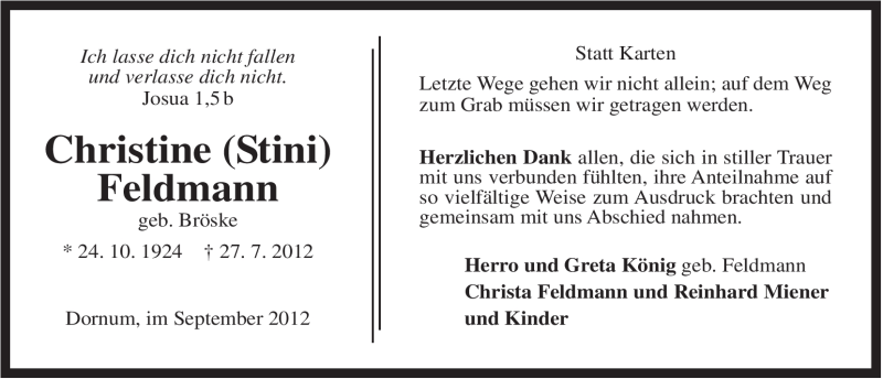 Traueranzeigen von Christine Feldmann | nordwest-trauer.de