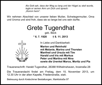 Traueranzeigen von Grete Tugendhat | nordwest-trauer.de