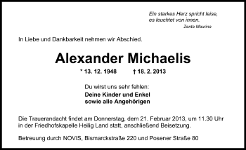 Traueranzeigen von Alexander Michaelis | nordwest-trauer.de