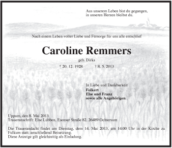 Traueranzeigen von Caroline Remmers | nordwest-trauer.de