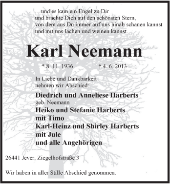 Traueranzeigen von Karl Neemann | nordwest-trauer.de