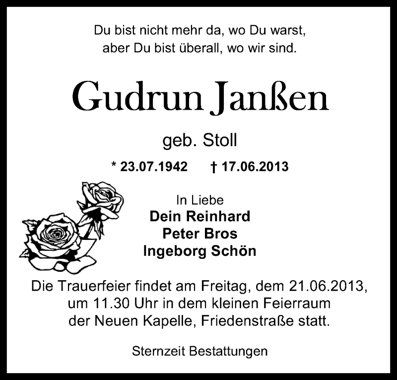 Traueranzeigen von Gudrun Janßen | nordwest-trauer.de