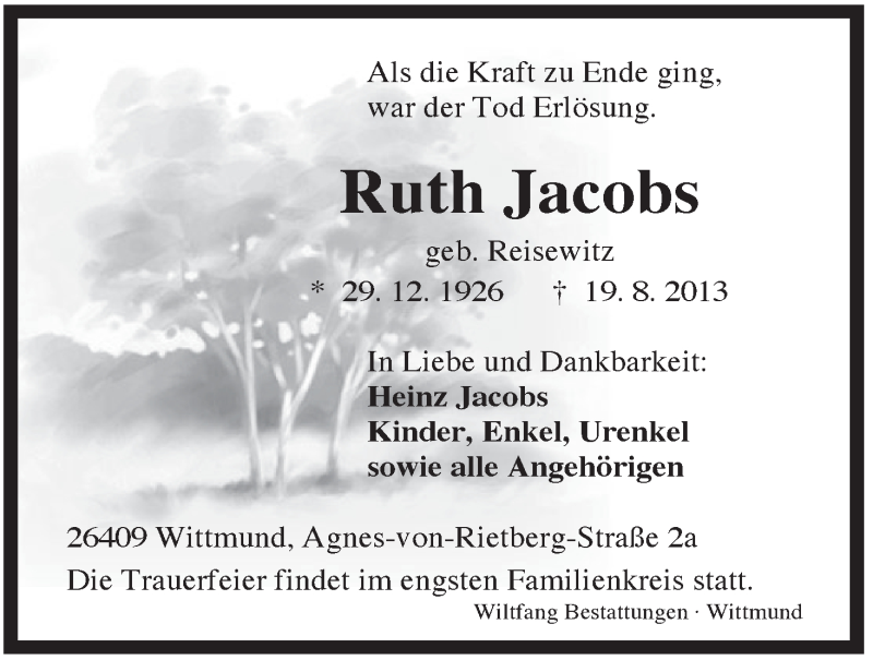 Traueranzeigen von Ruth Jacobs | nordwest-trauer.de