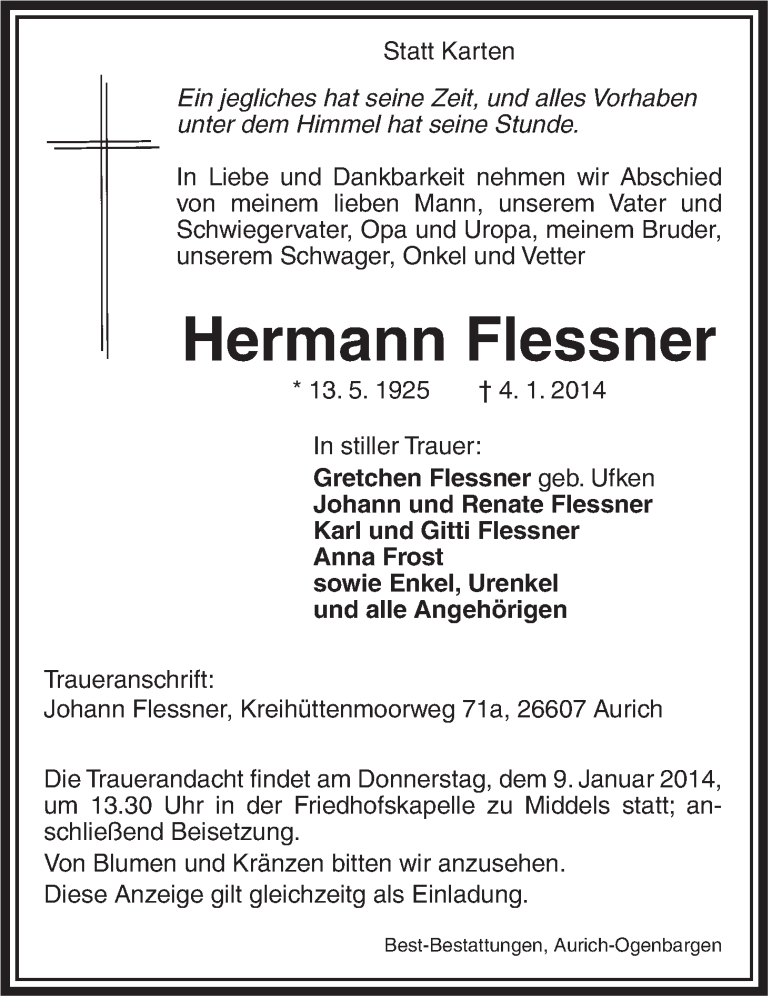 Traueranzeigen von Hermann Flessner | nordwest-trauer.de