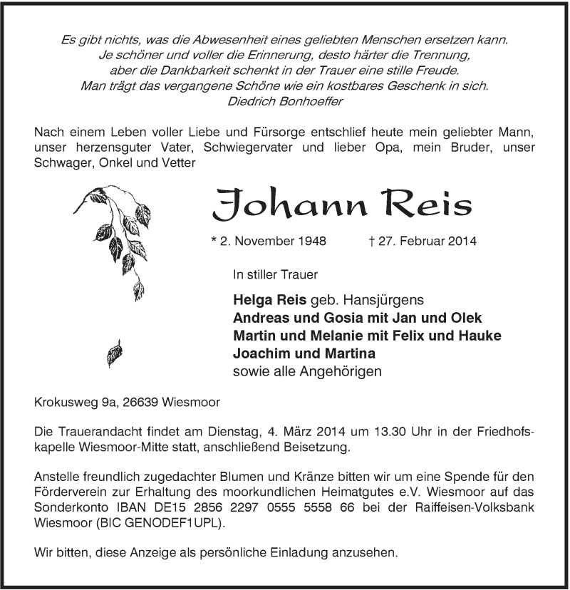 Traueranzeigen von Johann Reis | nordwest-trauer.de