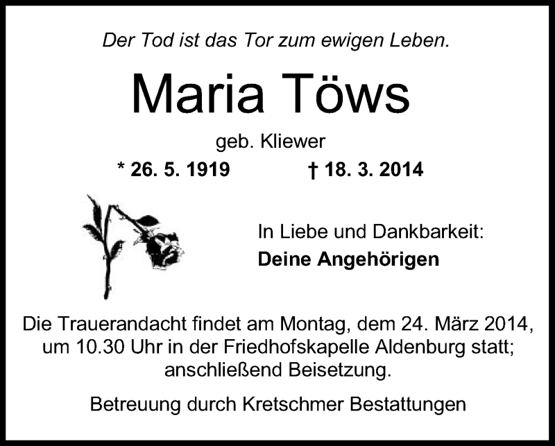 Traueranzeigen von Maria Töws | nordwest-trauer.de